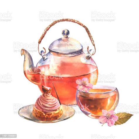 투명한 찻주전자가 있는 수채화 아시아 차 구성 사쿠라 꽃이 있는 차 한잔 체리가 있는 컵케이크 흰색 배경에 격리되어 있다 미식가에 대한 스톡 벡터 아트 및 기타 이미지