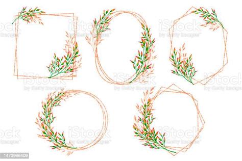 녹색과 금색 가지가 있는 수채화 골드 프레임 세트 식물 그림입니다 웨딩 디자인 기념일 생일 및 기타 축하를위한 템플릿 개체 그룹에 대한 스톡 벡터 아트 및 기타 이미지