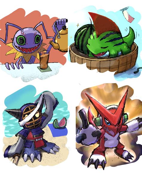 Betamon Keramon Kotemon Shoutmon Digimon Highres Claws Food