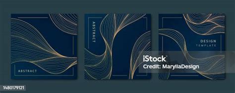 물결 모양의 고급 라인 카드 황금 동적 사각형 배경 게시물 디자인 템플릿의 벡터 세트 바다 시내 아르 데코 추상 패턴 인쇄용