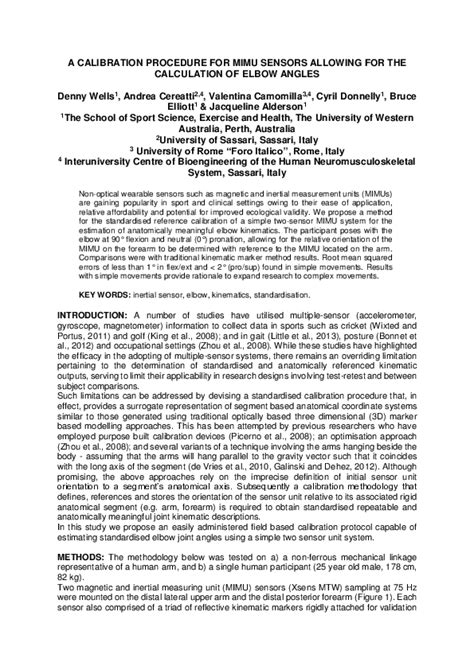 Pdf A Calibration Procedure For Mimu Sensors Allowing For The Calculation Of Elbow Angles