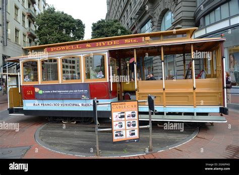 Antique Cable Car Powell Hyde Line On Turntable At Powell Street Terminal At Market Street In