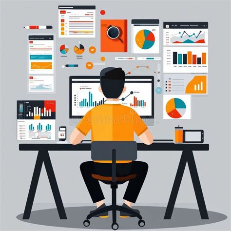 a professional analyzing data on a desktop surrounded by colorful