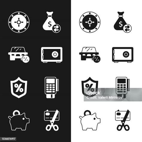 안전한 설정 자동차 임대 퍼센트 돈 가방 대출 신용 카드와 Pos 터미널 가위 절단 및 돼지 저금통 아이콘 벡터 0명에 대한 스톡 벡터 아트 및 기타 이미지 Istock