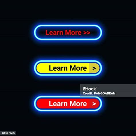웹 사이트 모바일 응용 프로그램 및 템플릿 Ui 자료에 대한 버튼 네온 또는 아이콘을 자세히 알아보세요 벡터 일러스트레이션 0명에 대한 스톡 벡터 아트 및 기타 이미지