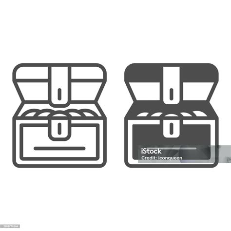 동전 가슴 상자 라인과 솔리드 아이콘 고대 보물 개념 벡터 그래픽 흰색 배경에 금화 나무 상자 기호 모바일 또는 웹 디자인을위한 개요 스타일 아이콘 검은색에 대한 스톡 벡터