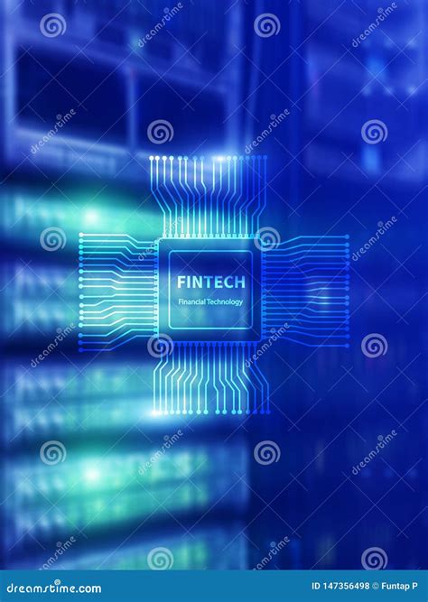 Fintech Icon On Abstract Financial Technology Background Cpu Icon On Server Room Data Center