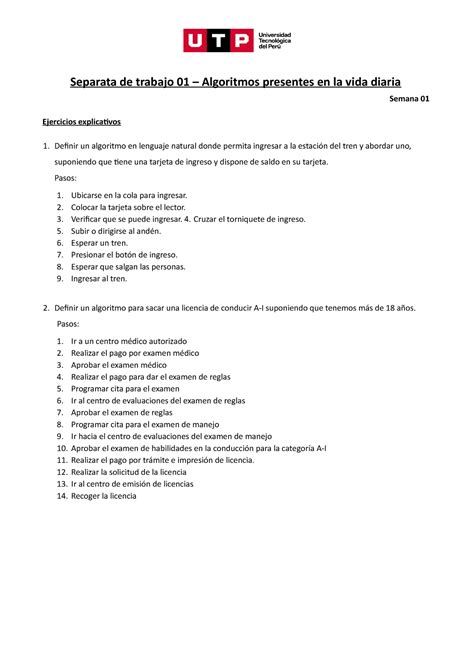 Trabajo De Algoritmos Separata De Trabajo 01 Algoritmos Presentes En La Vida Diaria Semana
