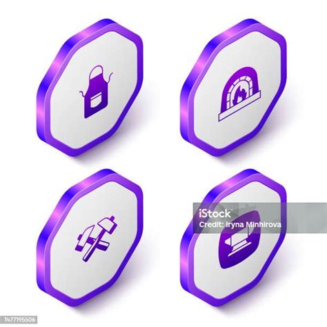 아이소메트릭 대장장이 앞치마 오븐 교차 망치 및 모루 도구 아이콘을 설정합니다 보라색 육각형 버튼 벡터 3차원 형태에 대한 스톡 벡터 아트 및 기타 이미지 Istock