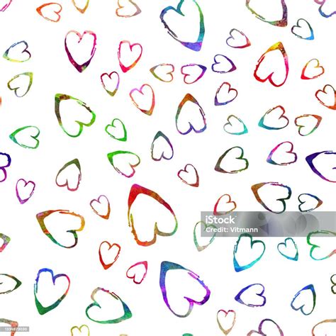 수채화 브러쉬 하트 원활한 패턴 사랑 그레인지 핸드 페인팅 디자인 무지개 색 키즈 패브릭 과 섬유를위한 현대적인 그룽 콜라주 배경 0명에 대한 스톡 벡터 아트 및 기타