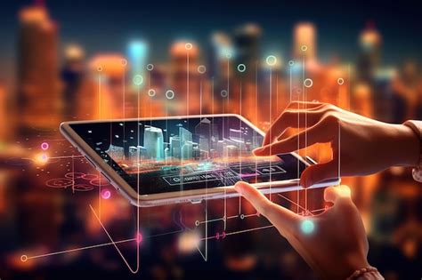 Business Man Data And Tablet Hologram With Digital Overlay For Tech Statistics Or Stock Market