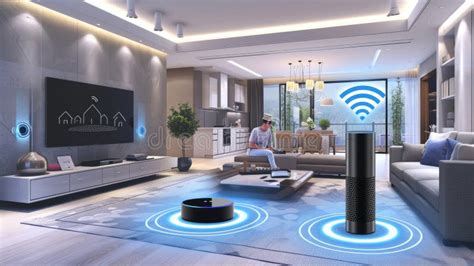 Modern Living Room With Smart Home Technology Person Interacting With Automated System Stock