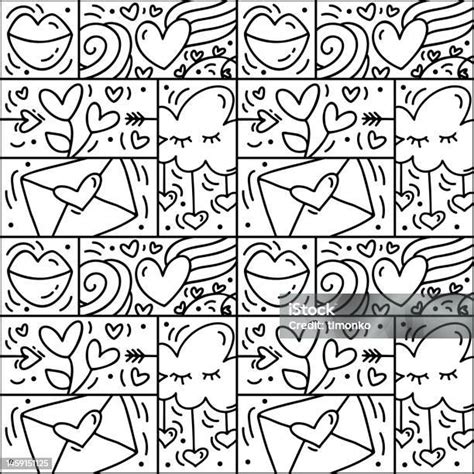 발렌타인 데이 로고 벡터 완벽 한 패턴 사랑 입술 심장 및 구름 낭만적 인 인사말 카드를위한 손으로 그린 모노 라인 생성자 봉투에 대한 스톡 벡터 아트 및 기타 이미지