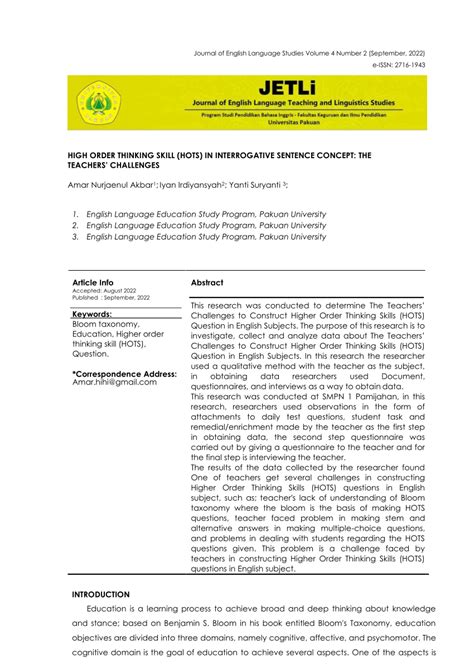 Pdf High Order Thinking Skill Hots In Interrogative Sentence Concept The Teachers Challenges