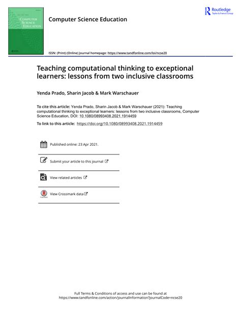 Pdf Teaching Computational Thinking To Exceptional Learners Lessons From Two Inclusive Classrooms