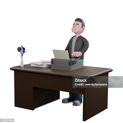 크리 에이 티브 3d 모델 한 남성 시나리오 작가가 눈을 감고 평화로운 표정으로 책상 뒤에 서 있다 시나리오 작가 캐릭터 3차원 형태에 대한 스톡 사진 및 기타 이미지