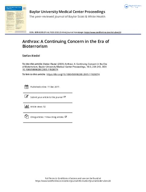 Pdf Anthrax A Continuing Concern In The Era Of Bioterrorism