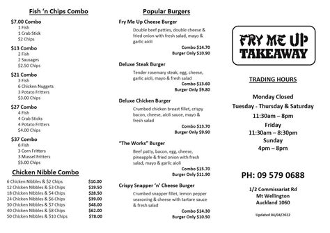Menu At Fry Me Up Takeaway Restaurant Auckland
