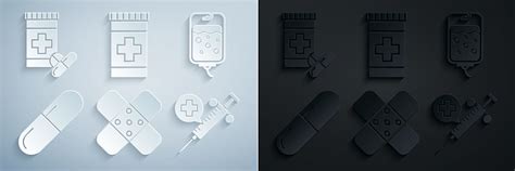 교차 붕대 석고 Iv 가방 약 알약 또는 정제 바늘 병 및 알약 아이콘이있는 의료용 주사기를 설정합니다 벡터 0명에 대한 스톡