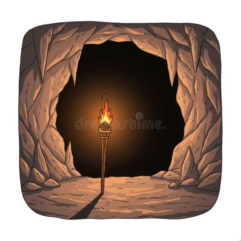 Dark Stone Cave Lit By A Single Torch With Stalactites And Stalagmites