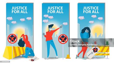 인종차별의 사회적 이슈를 고립시키는 세 개의 수직 배너 사람들 남녀가 도시 플랫 일러스트 만화의 배경에 항의 개념에 대한 스톡 벡터 아트 및 기타 이미지 Istock