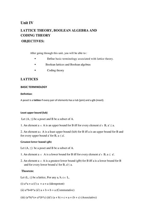 Discrete Mathematics Unit 4 Part1 Unit IV LATTICE THEORY BOOLEAN