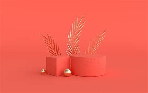 기하학적 모양의 3d 렌더링 스튜디오 바닥에 연단 제품 프레젠테이션을 위한 플랫폼 배경 모의 최소한의 디자인의 추상적 구성 열대 야자수 잎 0명에 대한 스톡 사진 및 기타