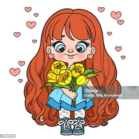 귀여운 만화 긴 머리 소녀는 흰색 배경에 페이지를 색칠하기 위해 튤립 색상 변화의 큰 봄 꽃다발을 손에 들고 있습니다 귀여운에