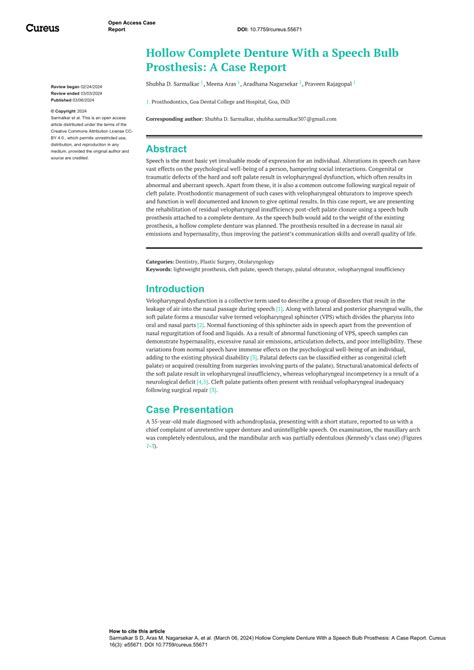 Pdf Hollow Complete Denture With A Speech Bulb Prosthesis A Case Report