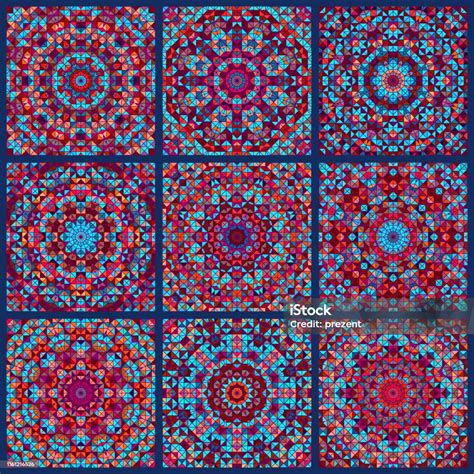 민족 인도 패치 워크 배경의 디지털 패턴입니다 원활한 벽지 토착 문화 전통 도자기 장식 모자이크 컬러 세라믹 타일 프린트 패턴 건물 정면에 대한 스톡 벡터 아트 및 기타