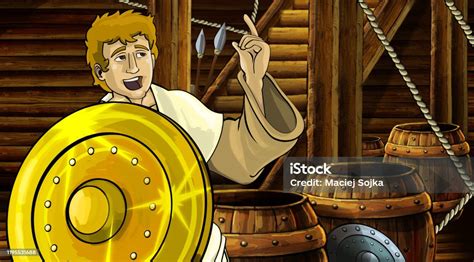 황금 방패와 나무 선박 챔버 내부 로마 또는 그리스 고대 문자와 만화 장면 건축에 대한 스톡 벡터 아트 및 기타 이미지 건축 계단 및 층계 고대의 Istock