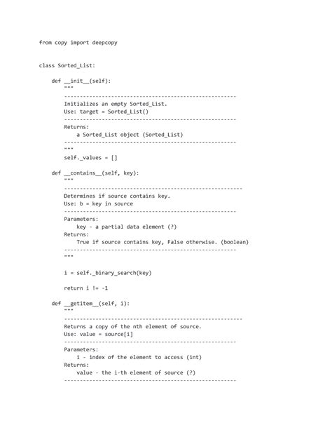 sorted list lecture code from copy import deepcopy class sorted