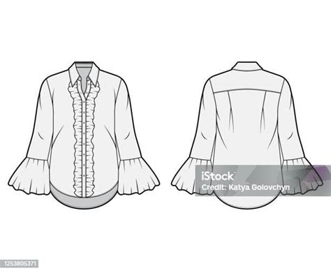 날카로운 칼라 볼륨감 있는 플루트 커프스 긴 소매 오버사이즈 바디가 돋보이는 프릴 셔츠 테크니컬 패션 일러스트 0명에 대한 스톡 벡터 아트 및 기타 이미지 Istock