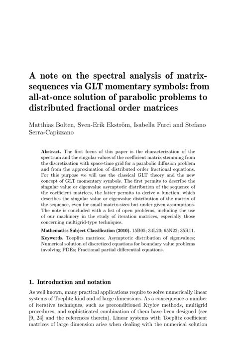 Pdf A Note On The Spectral Analysis Of Matrix Sequences Via Glt Momentary Symbols From All