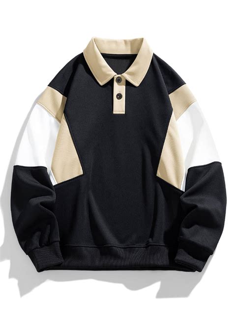 Relax Fit Color Block Polo Sweatshirt Hoooyi