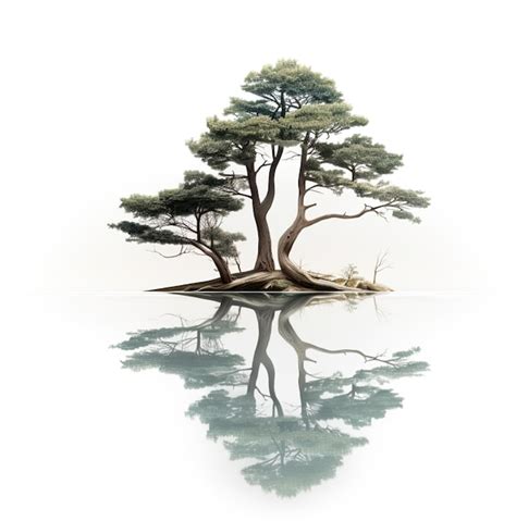 A Painting Of Trees And A Body Of Water With A Reflection Of Trees In The Water Premium AI