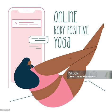 온라인 바디 포지티브 요가 뚱뚱한 소녀 또는 매력적인 여자는 운동 보트 포즈를합니다 플러스 사이즈 여성은 정상입니다 벡터