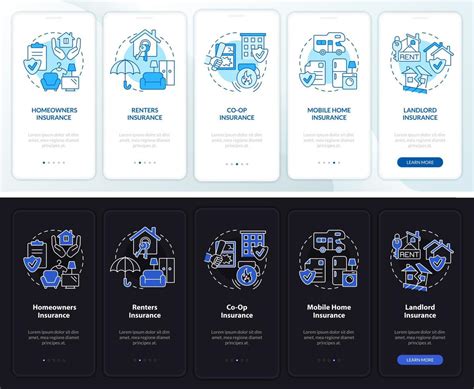 Property Insurance Night And Day Mode Onboarding Mobile App Screen Walkthrough 5 Steps Graphic