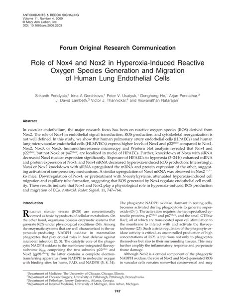 Pdf Role Of Nox4 And Nox2 In Hyperoxia Induced Reactive Oxygen Species Generation And
