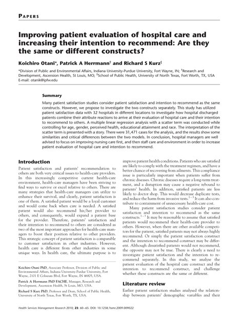 Pdf Improving Patient Satisfaction In Hospital Care Settings