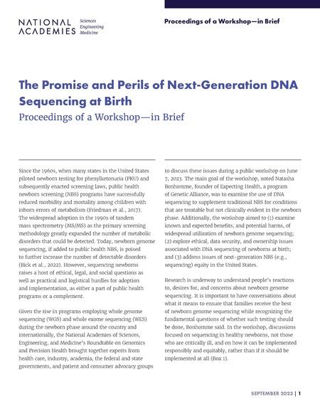 The Promise And Perils Of Next Generation DNA Sequencing At Birth Proceedings Of A Workshopin