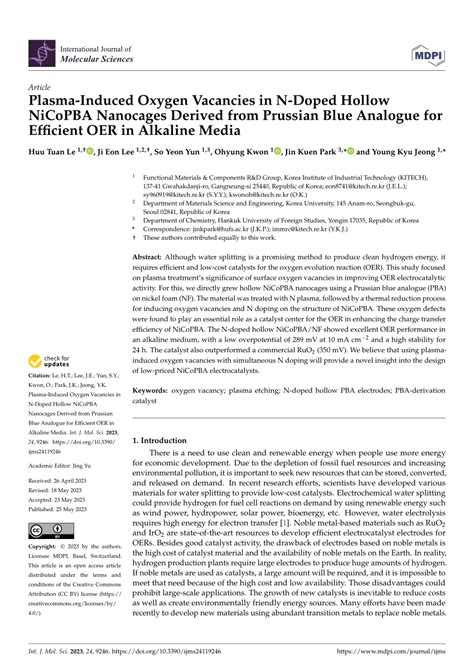 Pdf Plasma Induced Oxygen Vacancies In N Doped Hollow Nicopba
