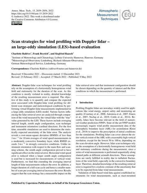 Pdf Scan Strategies For Wind Profiling With Doppler Lidar An Large Eddy Simulation Les