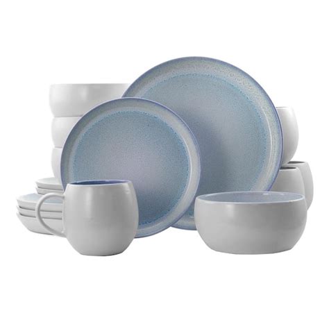 Elama Mocha 16 Piece Blue Stoneware Dinnerware Set Service For 4