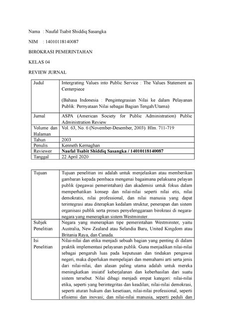 Review Jurnal Integrating Values To Public Service Nama Naufal