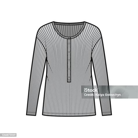 리브드 클래식 남성 스타일 코튼 저지 탑 테크니컬 패션 일러스트와 긴 소매 스쿱 헨리 네크라인 0명에 대한 스톡 벡터 아트 및