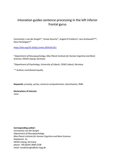 Pdf Intonation Guides Sentence Processing In The Left Inferior Frontal Gyrus