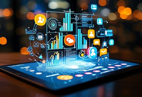 Tablet Shows Holographic Graphs Charts Social Icons Represents Data Social Media Communication