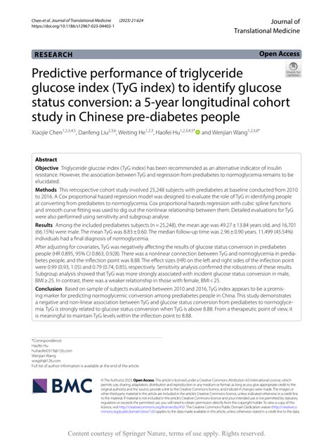 Pdf Predictive Performance Of Triglyceride Glucose Index Tyg Index To Identify Glucose