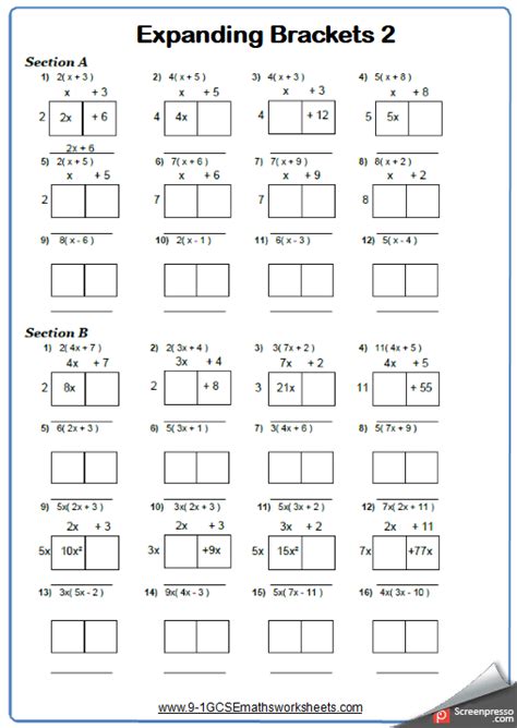 Expanding Single Brackets Grid Method Maths Worksheet And Answer Free Worksheets Samples